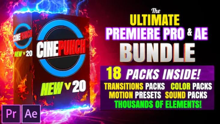 CINEPUNCH BUNDLE v20 – Transitions I Color LUTs I SFX – 18 PACKS – 9999+ Assets – Diginyt